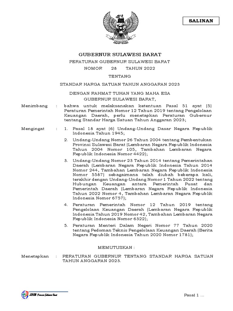 Pergub Nomor 28 Tahun 2022 Tentang Shs Ta 2023 | PDF