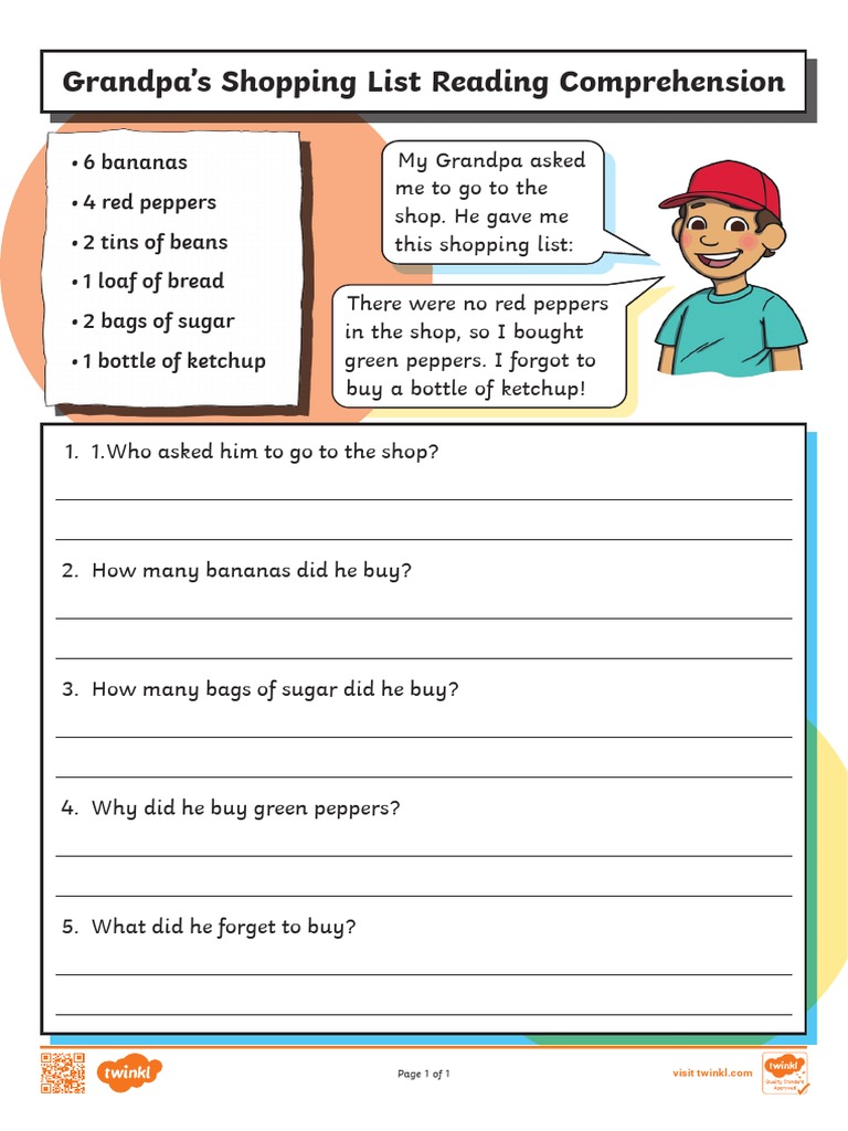 Grandpa’s Shopping List Reading Comprehension | PDF