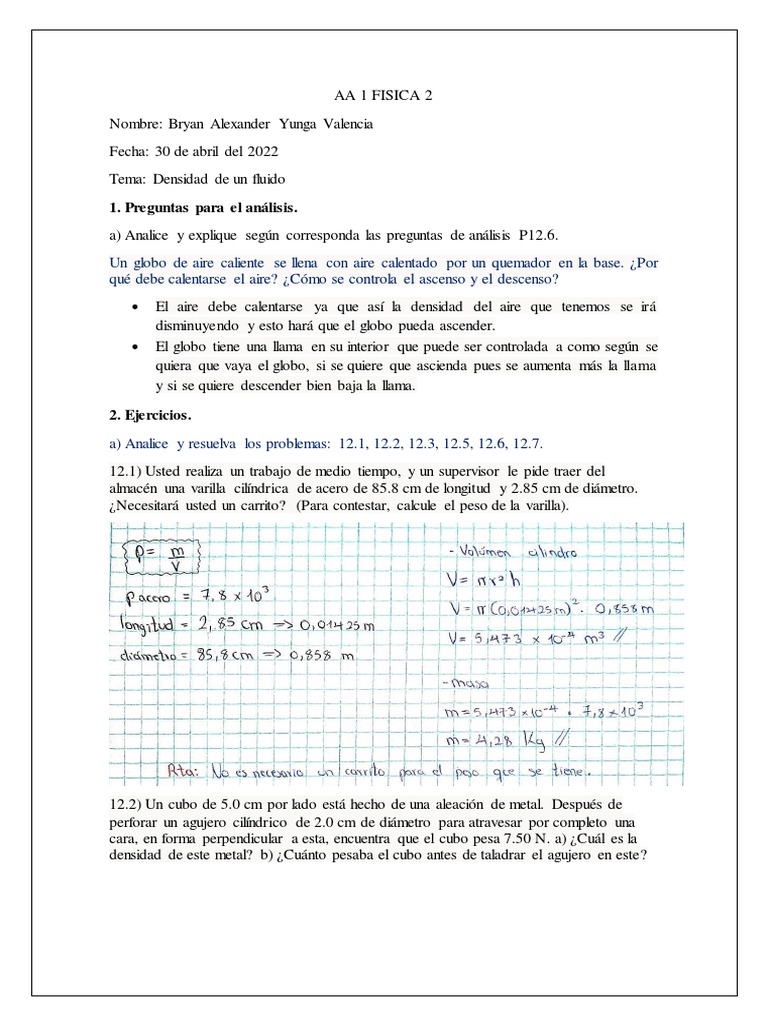 Deber n1 de Fisica2 - Bryan Yunga | PDF | Líquidos | Materiales