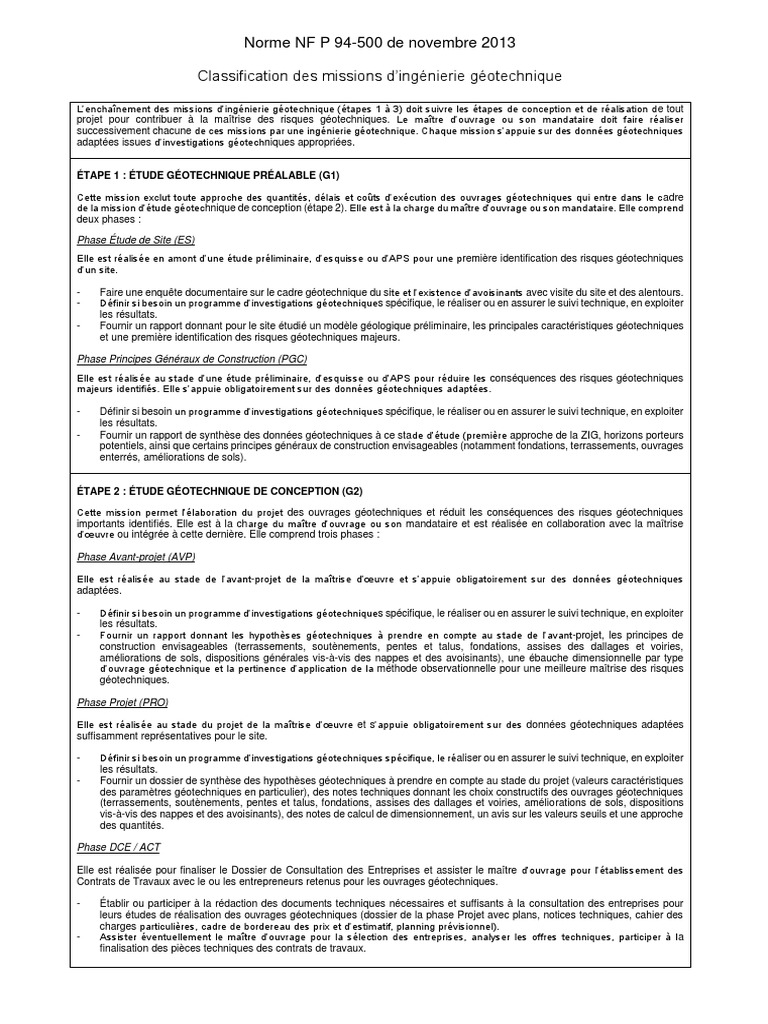 Norme NF P 94-500 de Novembre 2013 Classification Des Missions D'ingénierie Géotechnique | PDF