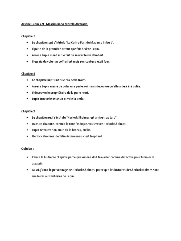 Résumé des chapitres 7 à 9 de Lupin | PDF