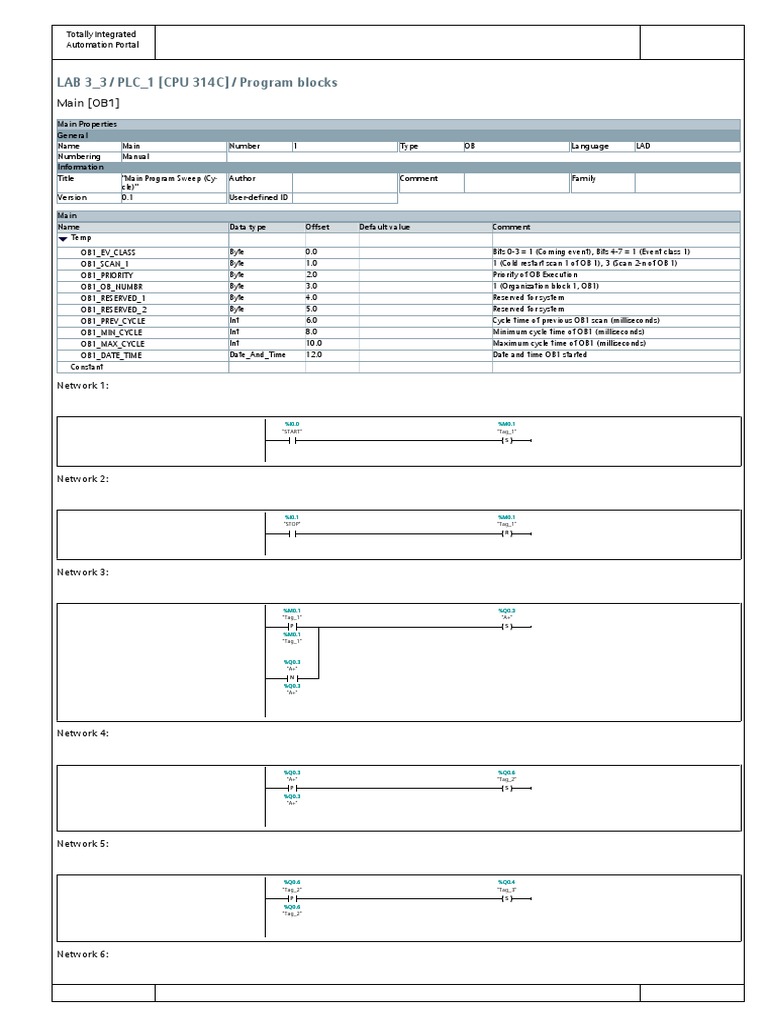LAB 3 - 3 / PLC - 1 (CPU 314C) / Program Blocks: Main (OB1) | PDF | Software Engineering ...