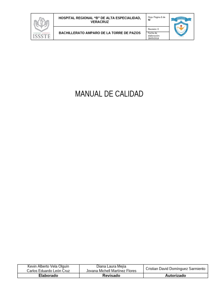 Manual de Calidad del hospital de alta especialidad del ISSSTE de Díaz Mirón en Veracruz, ver. | PDF