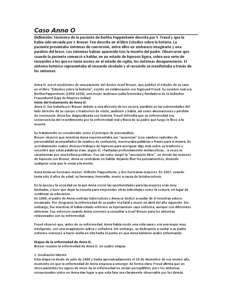El Caso de Anna O: Histeria y Psicoanálisis | PDF | Sigmund Freud ...