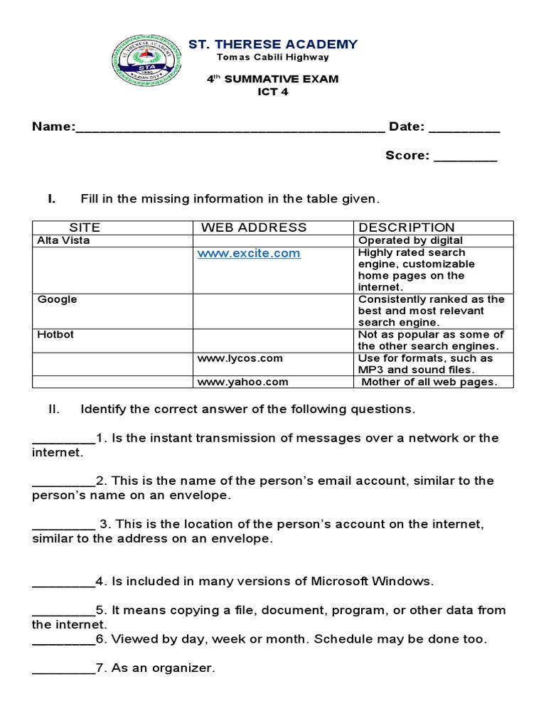 Ict4 4th Summative Exam | PDF | Internet | Software
