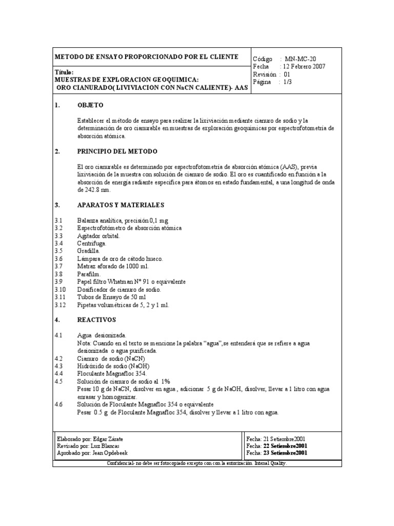 MN-MC-20 (Au Soluble en Cianuro Caliente) | PDF MN-MC-20 (Au Soluble en Cianuro Caliente) | PDF