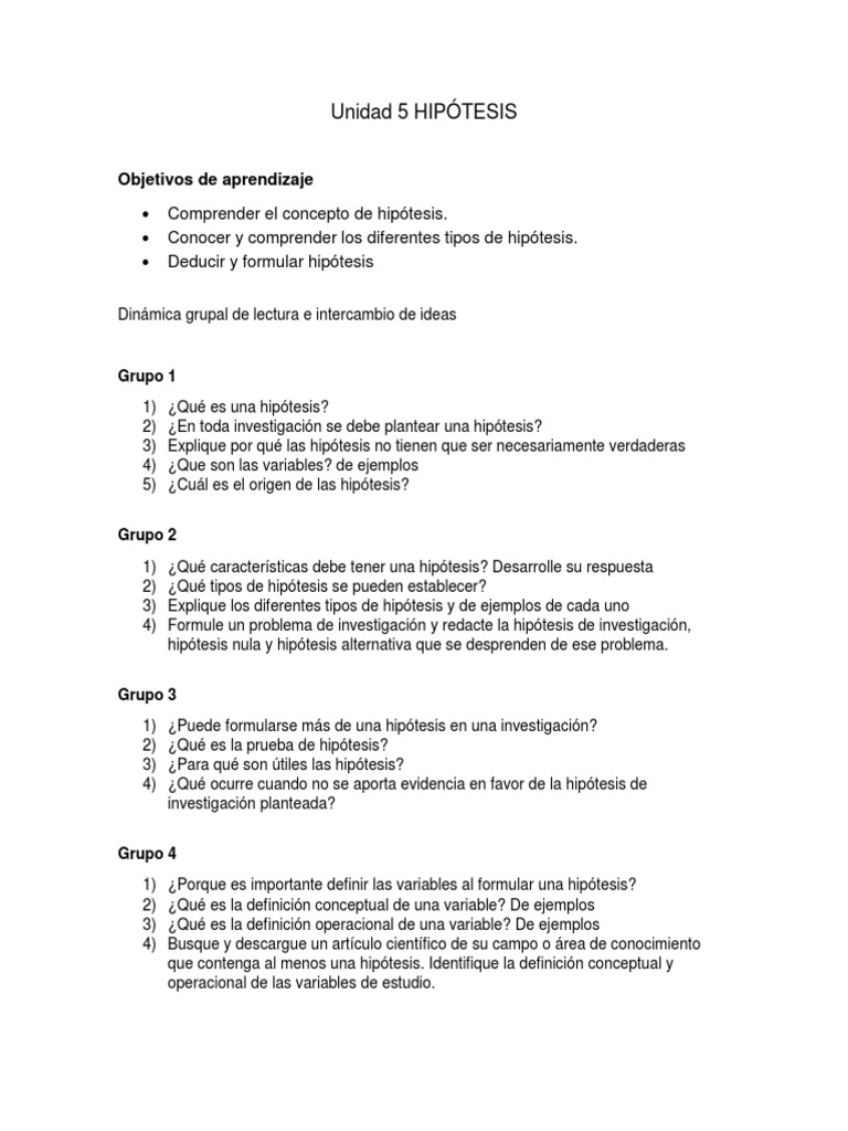 Unidad 5 Dinámica Grupal HIPÓTESIS | PDF