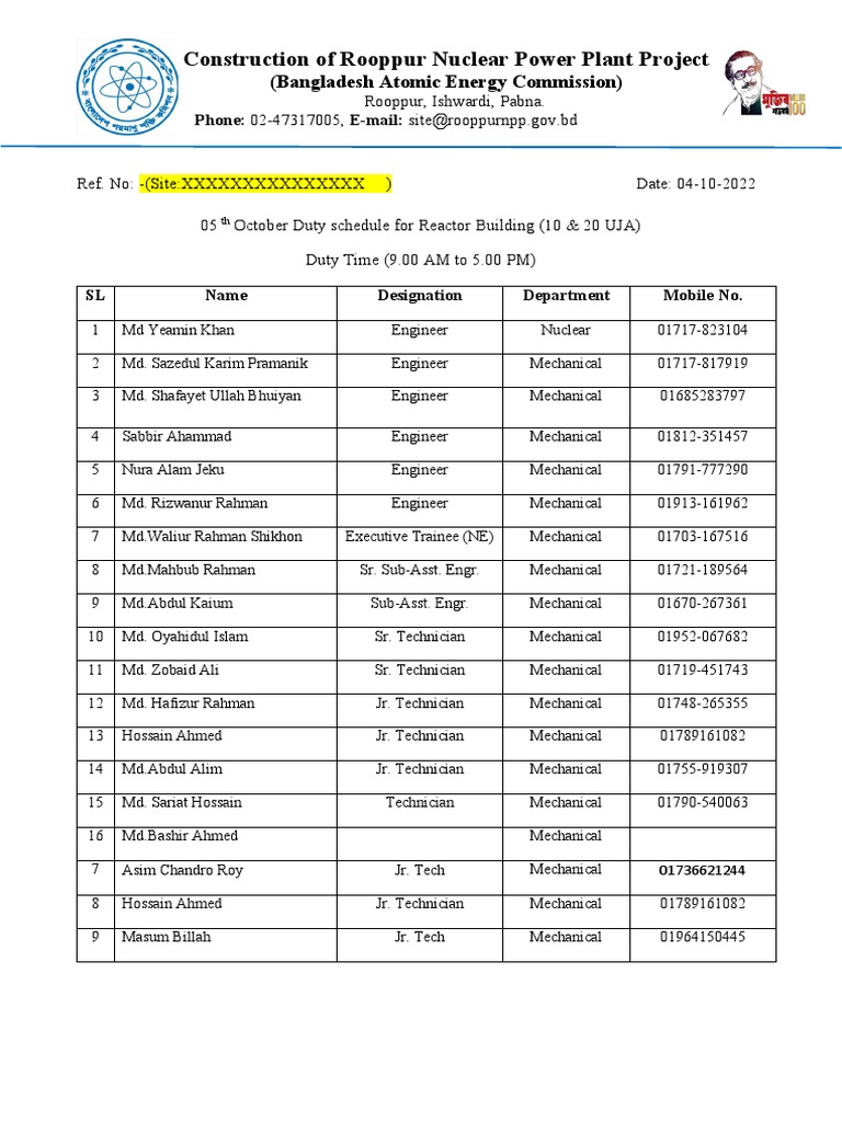 Rooppur Nuclear Plant Duty Schedule | PDF | Nuclear Power Stations ...