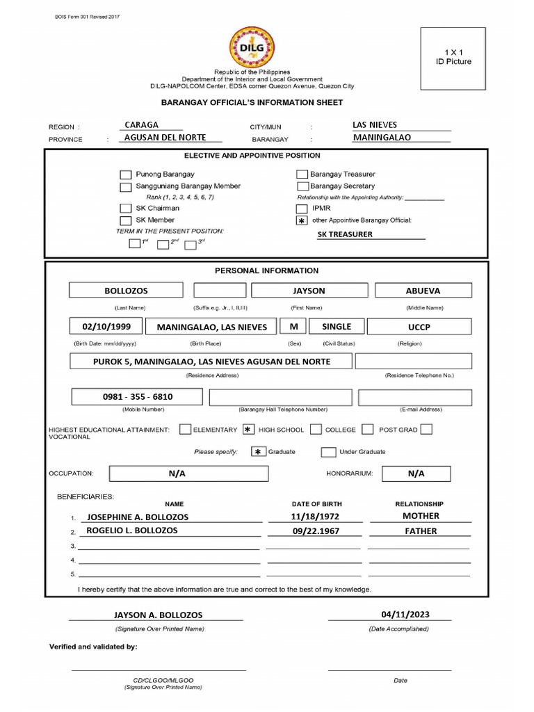 Barangay Officials Information Sheet Dilg | PDF