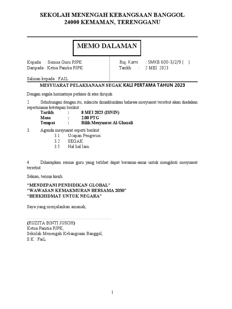 Memo Panggilan Mesyuarat Segak 2023 | PDF
