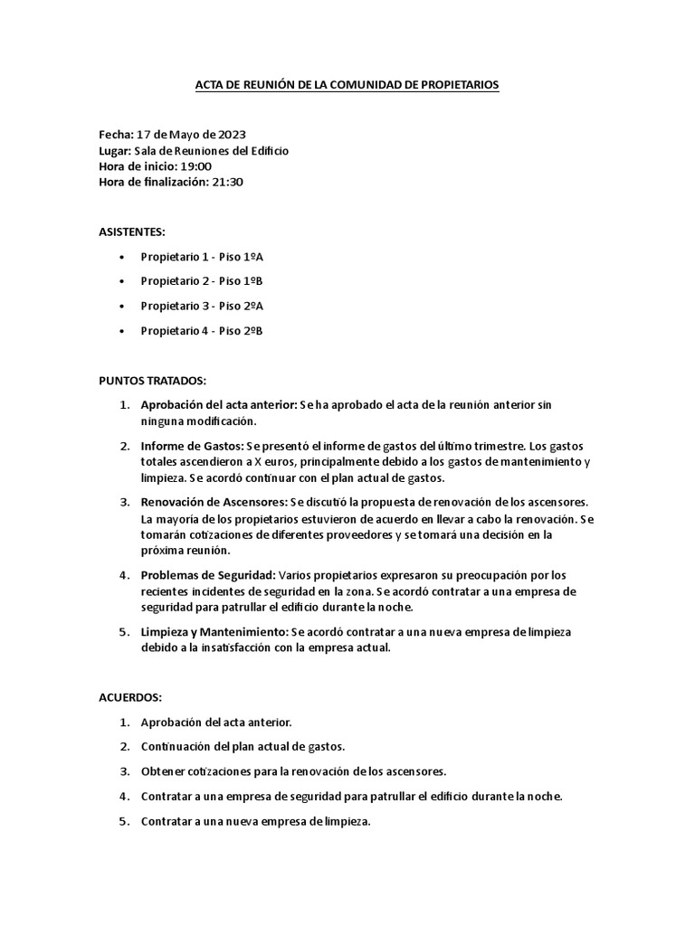 Modelo Acta Reunion de Vecinos Comunidad Propietarios en PDF Online | PDF