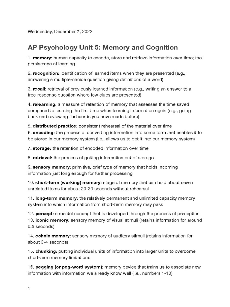 AP Psychology: Memory & Cognition | PDF