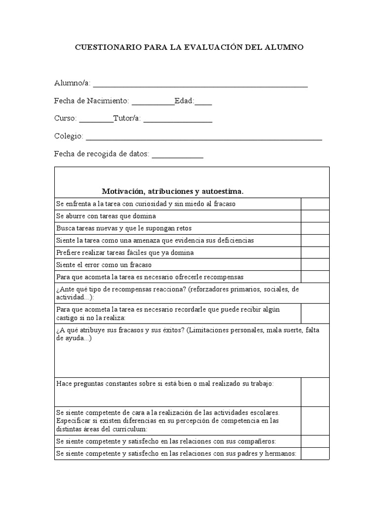 Cuestionario para La Evaluación Del Alumno | PDF | Evaluación | Salón ...