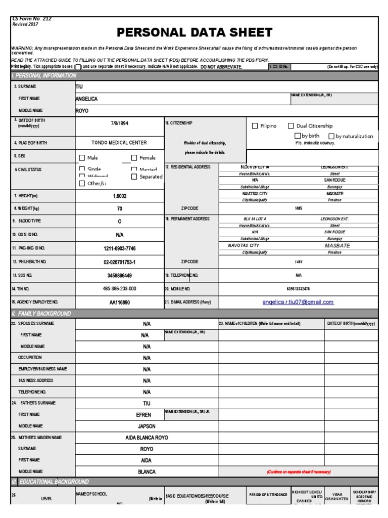 Personal Data Sheet Template Guide | PDF
