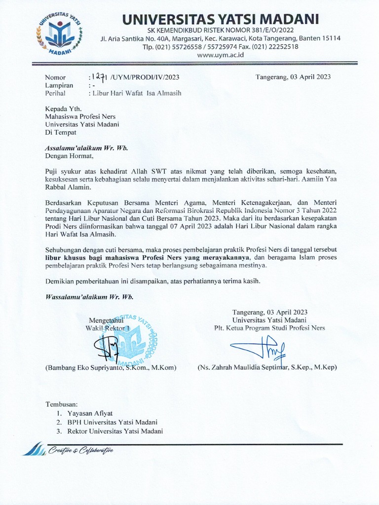 Surat Pemberitahuan Libur Hari Wafat Isa Almasih | PDF