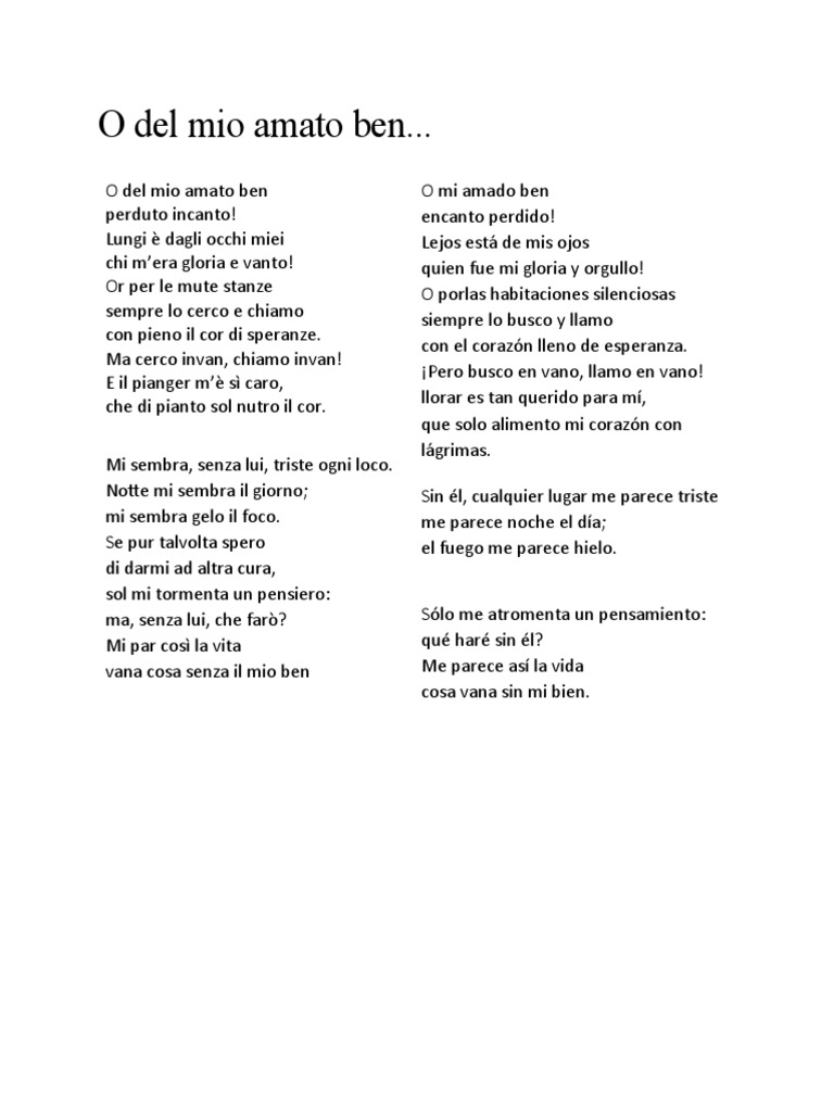 Letra O Del Mio Amato Ben Donaudy | PDF