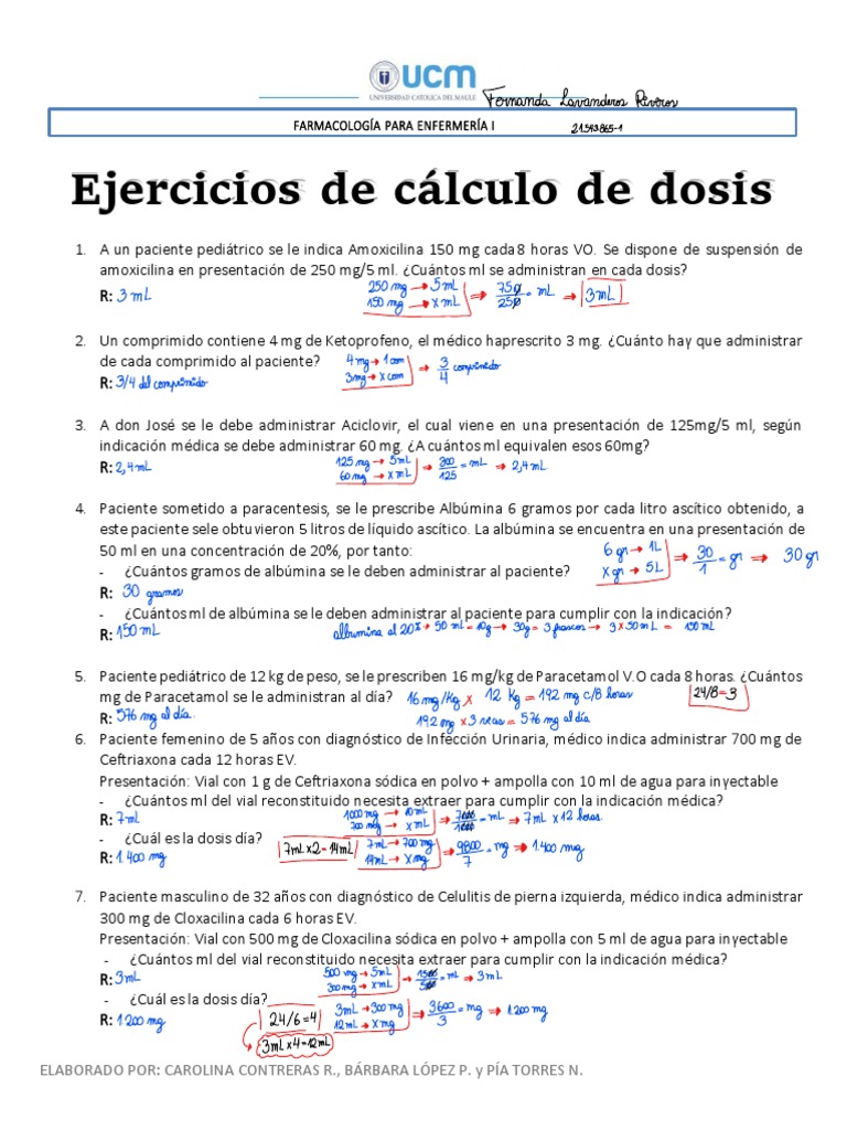GUIA DE EJERCICIOS CÁLCULO DE DOSIS 2023 RESUELTA HASTA LA 14 | PDF