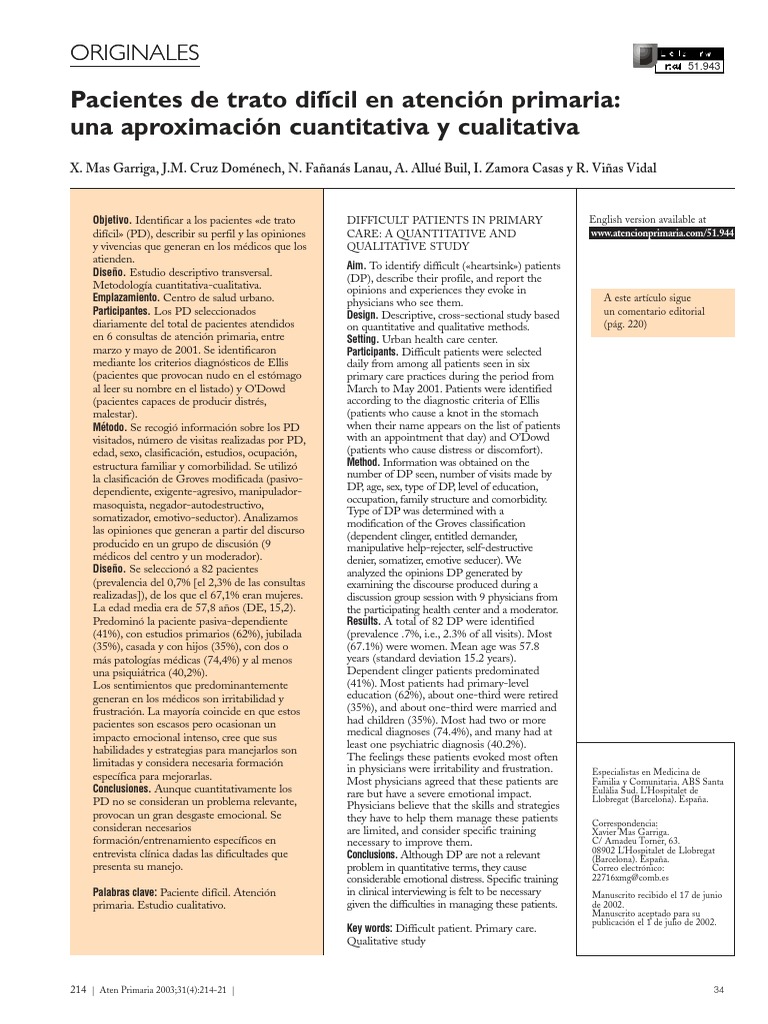 Pacientes de Trato Dif A1cil en Atenci A2n Primaria (Mas Garriga Et Al ...