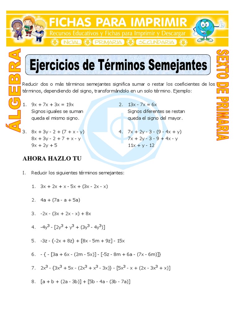 Ejercicios de Términos Semejantes para Primaria | PDF | Métodos y ...