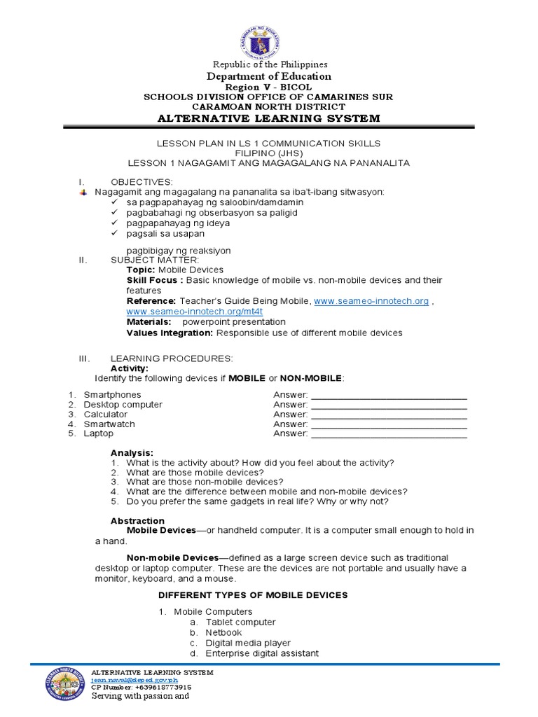 Lesson Plan For Contextualized Lessons For Ls 1 Filipino (FLT) by Jean ...