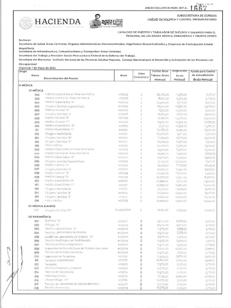 2022 Catalogo de Puestos y Tabulador de Sueldos y Salarios para El Personal de Las Ramas Medica ...