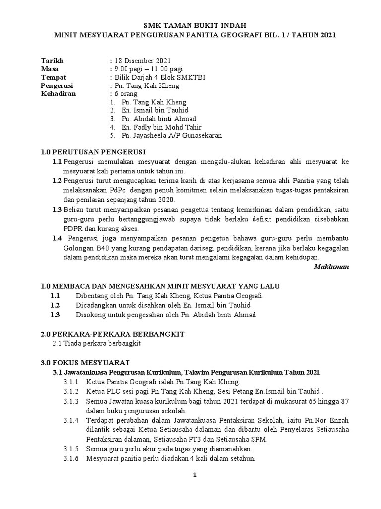 Minit Mesyuarat Panitia Geografi Kali Ke-1 2021 | PDF