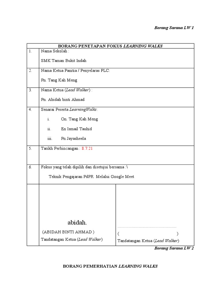 Borang Learning Walks Jaya | PDF