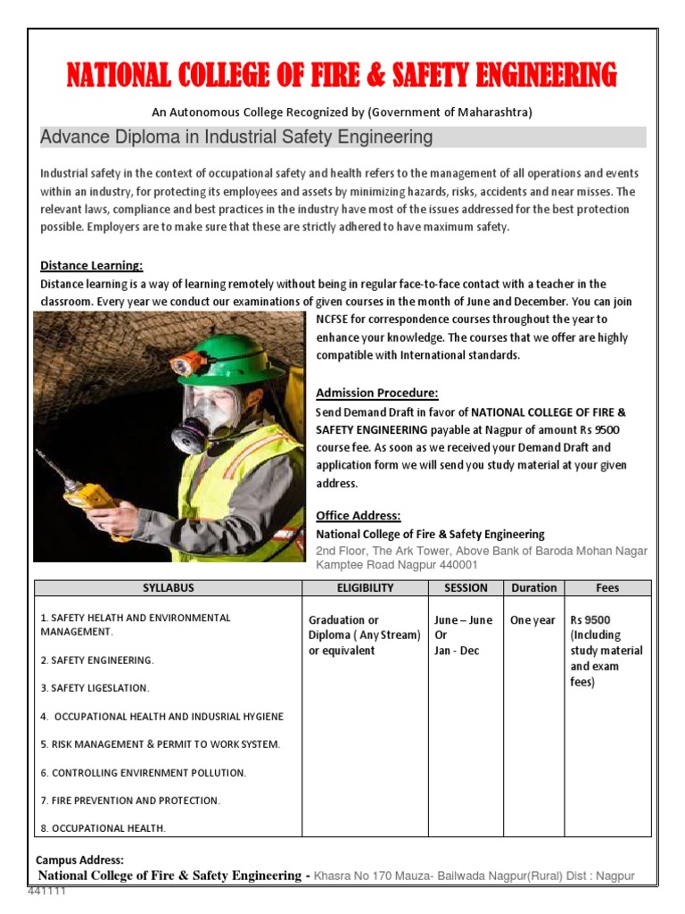 Advance Diploma in Industrial Safety Engineering | PDF | Career ...