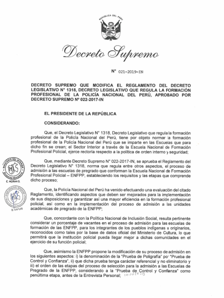 D.S. N 021-2019-IN Modifica Reglamento Del Decreto Legislativo N 1318 ...