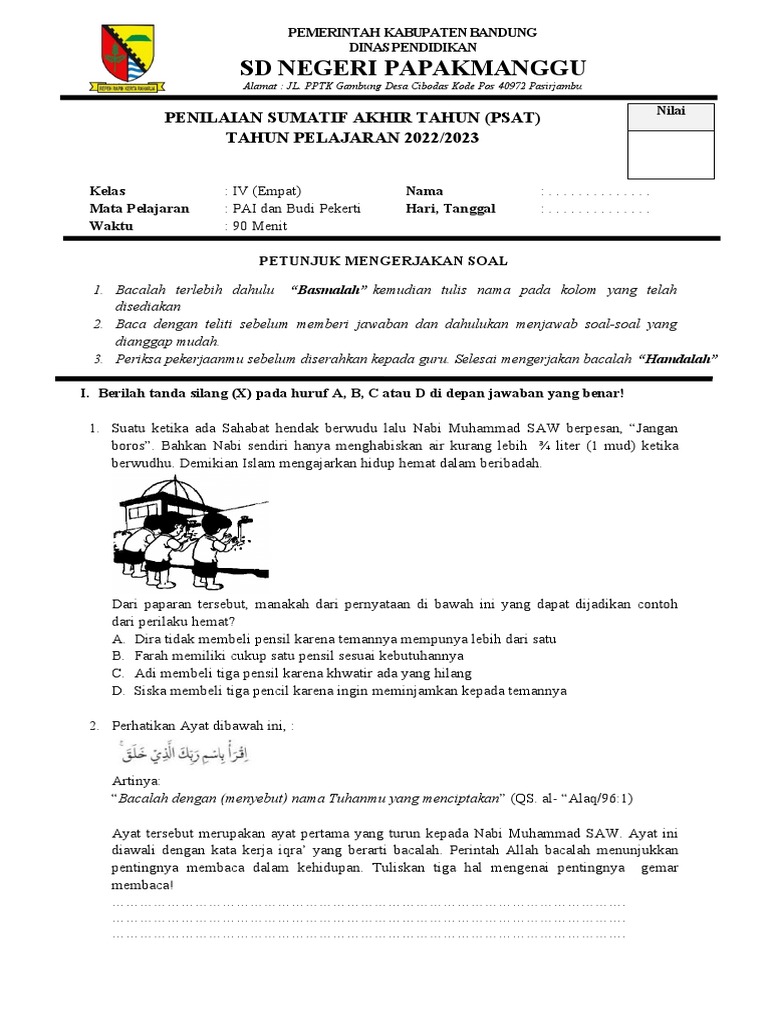 Master Soal Psat Kelas 4 Pai Dan Budi Pekerti 2022-2023 | PDF