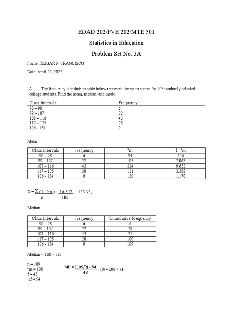Problem Set 3A | PDF | Median | Mode (Statistics)