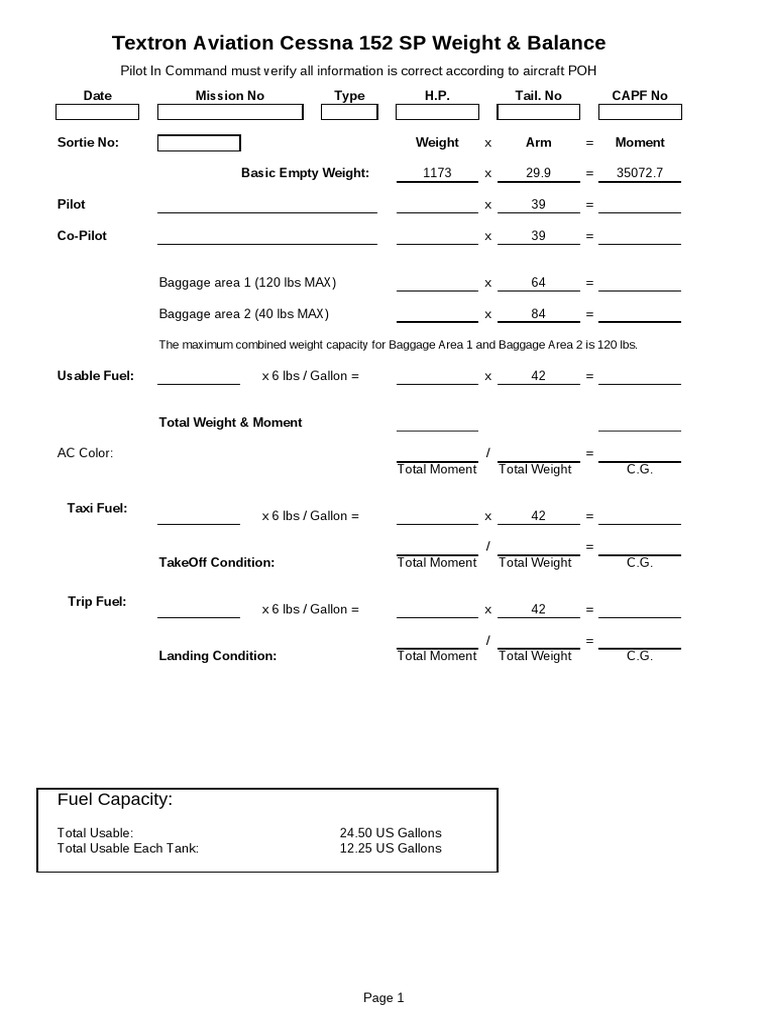 Textron Aviation Cessna 152 Weight and Balance | PDF