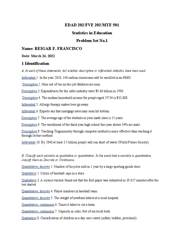 Problem Set 1 | PDF | Level Of Measurement | Statistics