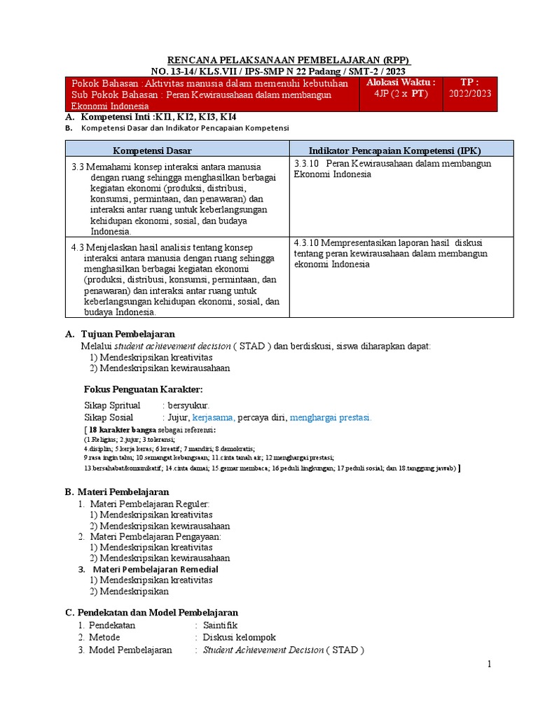 RPP 05 K-13 IPS-VII Peran Kewirausahaan Dalam Membangun Ekonomi Indonesia | PDF | Seni