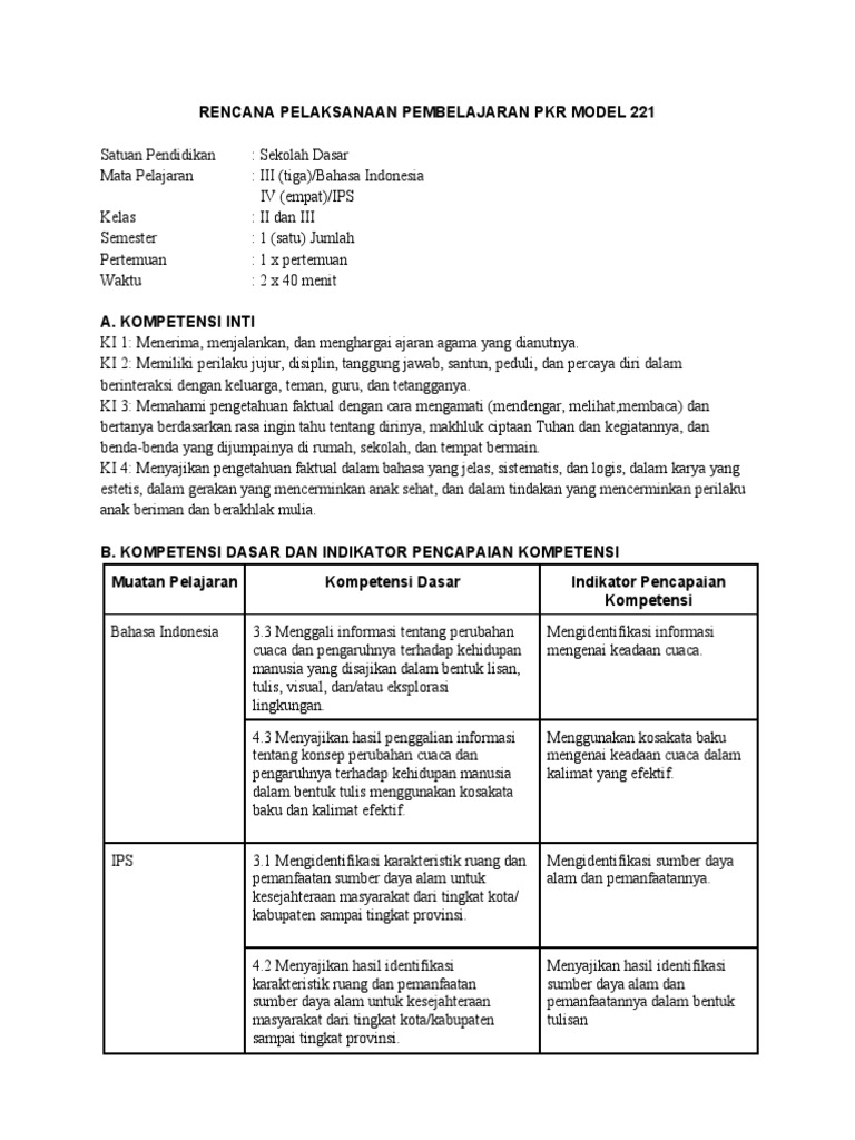 Rencana Pelaksanaan Pembelajaran PKR Model 221 | PDF