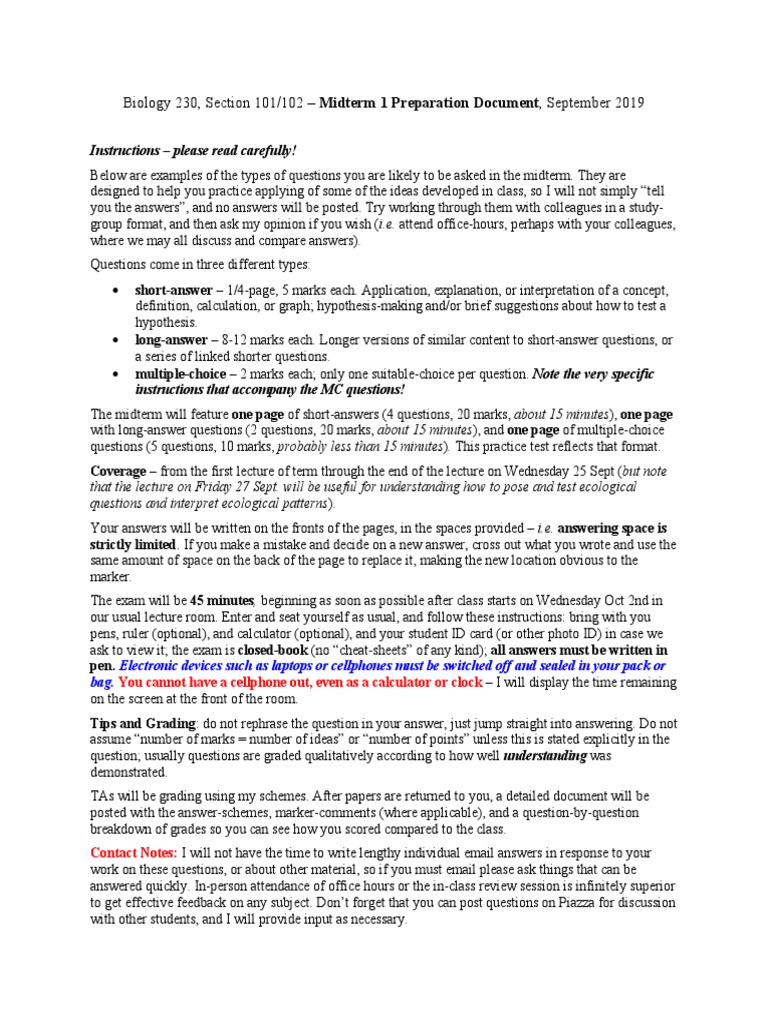BIOL 230 Midterm 1 Practice Questions | PDF