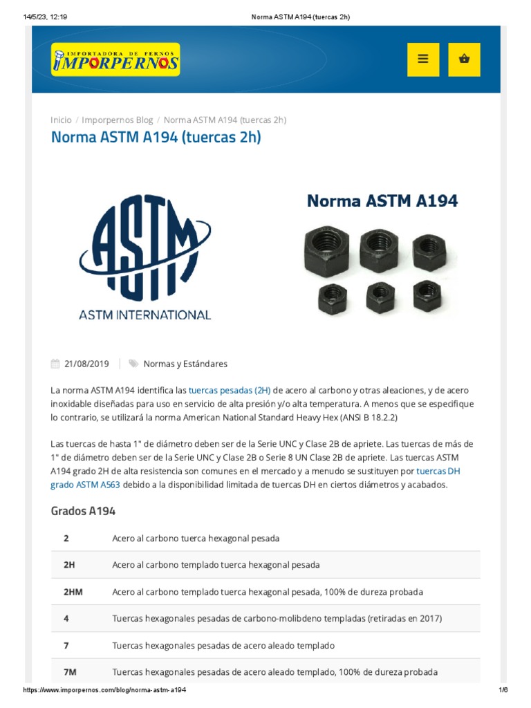 Norma ASTM A194 (Tuercas 2h) | PDF | Acero | Aleación