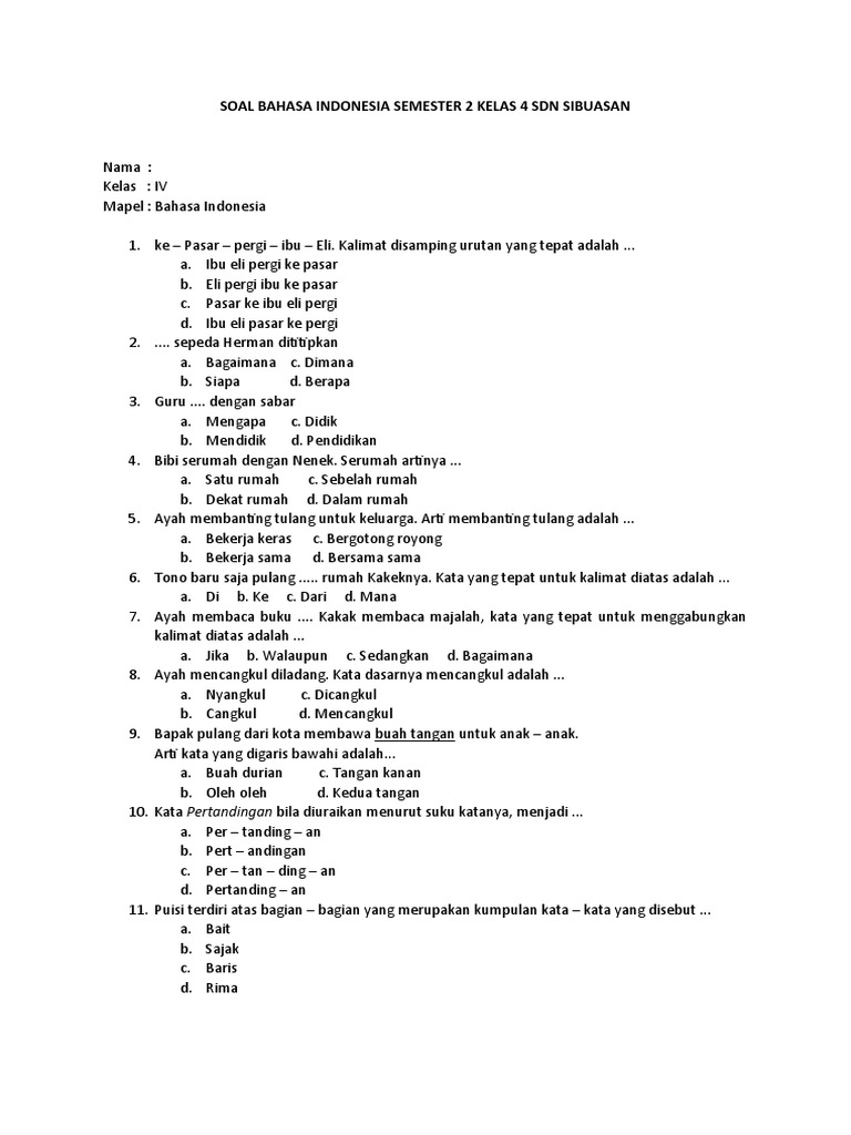 Soal Ujian Kelas 4 Bindo | PDF
