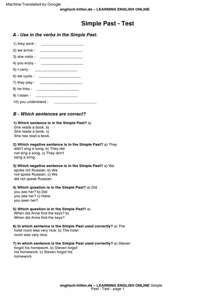 Test Simple Past en | PDF | Linguistics | Grammar