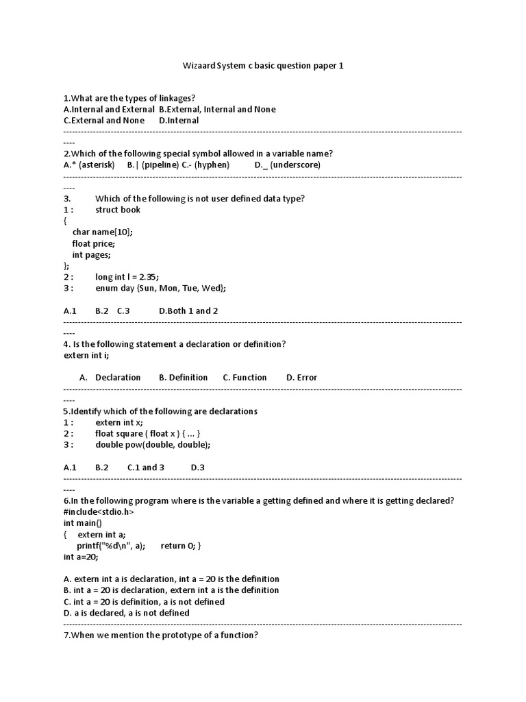 4Q .Wiz C Basic Question Paper1 | PDF | Pointer (Computer Programming) | Integer (Computer Science)