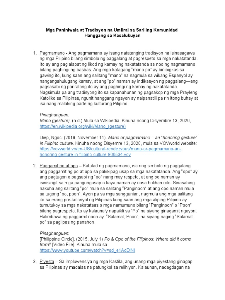 Mga Paniniwala at Tradisyon Na Umiiral Sa Sariling Komunidad Hanggang ...
