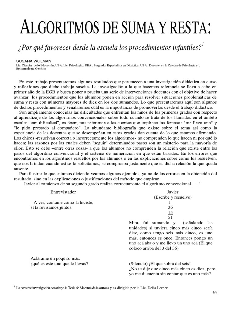 Wolman_S._Algoritmos_de_suma_y_resta | PDF | Enseñando | Sustracción