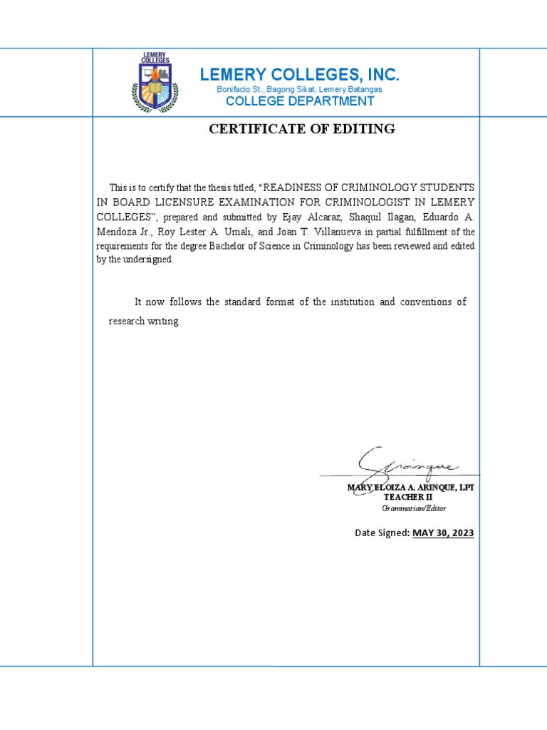 Certificate of Editing | PDF