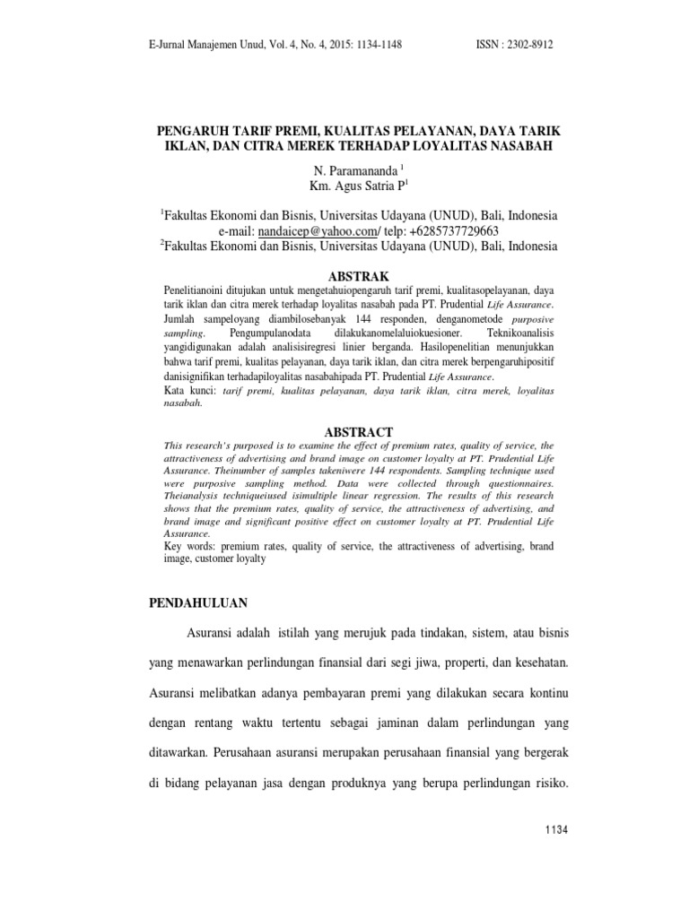 Pengaruh Tarif Premi, Kualitas Pelayanan, Daya Tarik Iklan, Dan Citra ... Pengaruh Tarif Premi, Kualitas Pelayanan, Daya Tarik Iklan, Dan Citra ...