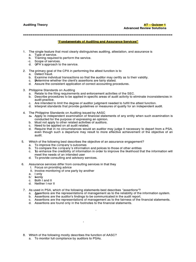 AT Quizzer 1 - Fundamentals of Auditing and Assurance Services | PDF