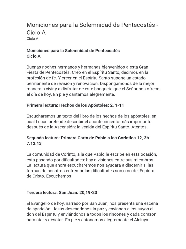 Moniciones para La Solemnidad de Pentecostés | PDF