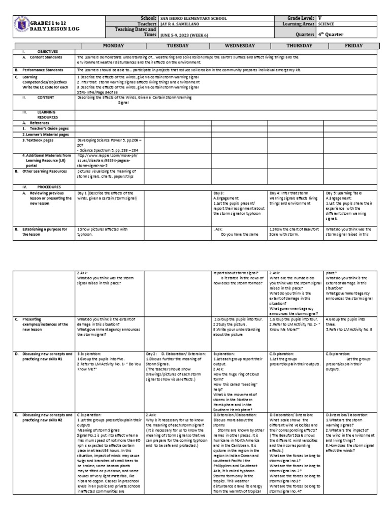 Grade 5 DLL SCIENCE 5 Q4 Week 6 | PDF