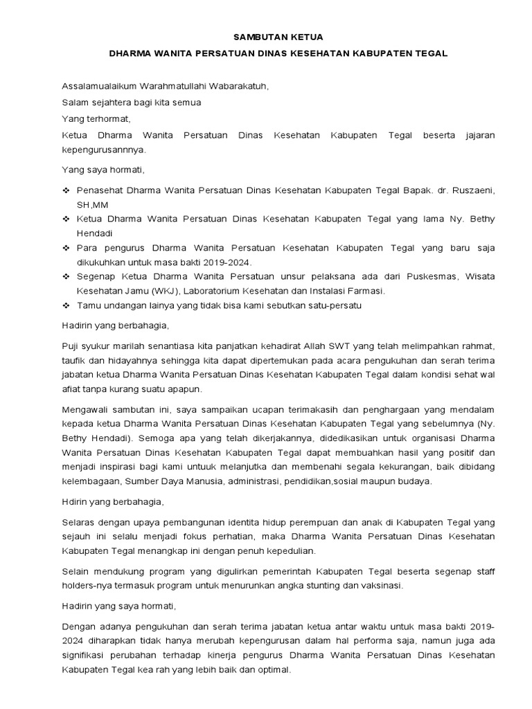 Draft Sambutan Ketua Pengukuhan DWP Unit | PDF | Gaya Hidup