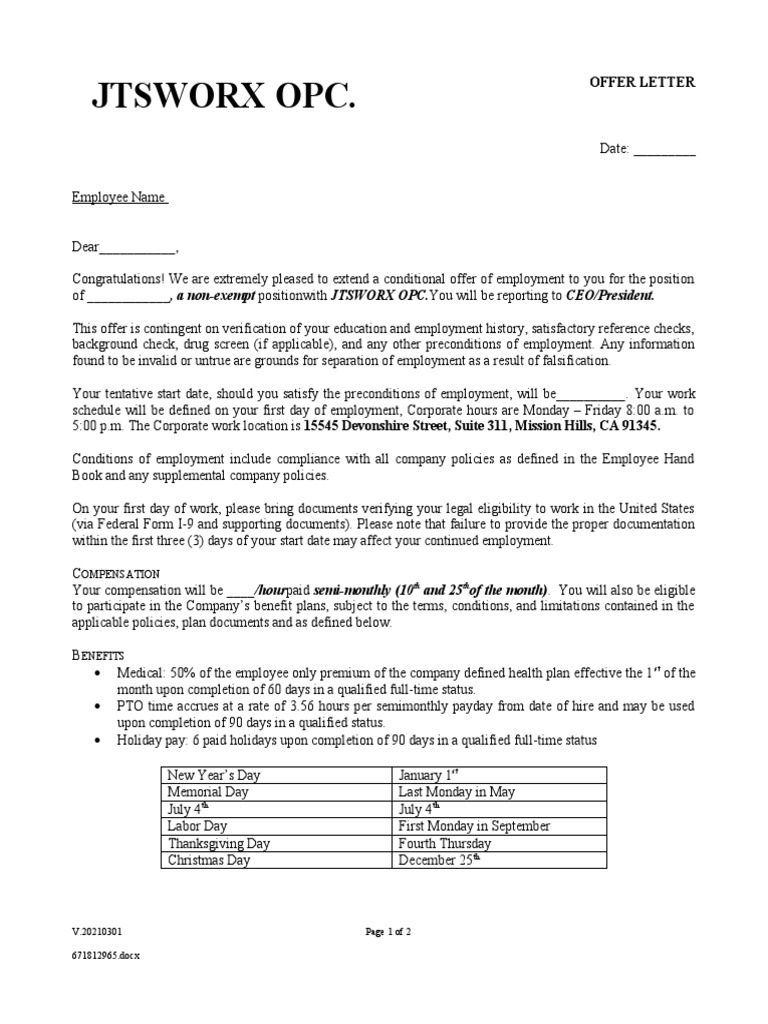 Jtsworx Offer Letter-Samplde | PDF | At Will Employment | Employment