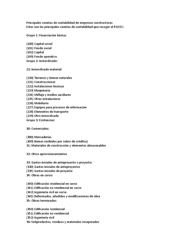 Principales Cuentas de Contabilidad de Empresas Constructoras | PDF ...